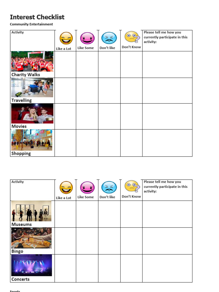 Interest Checklist - Community Activities | PDF