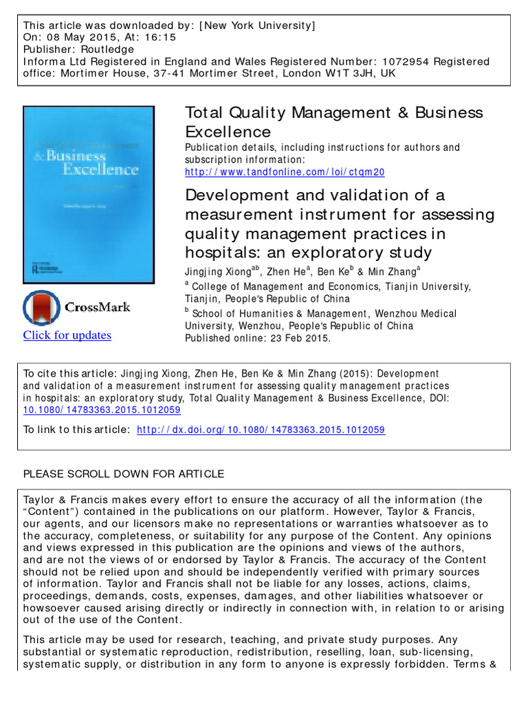 Development And Validation Of A Measurement Instrument For Assessing Quality Management