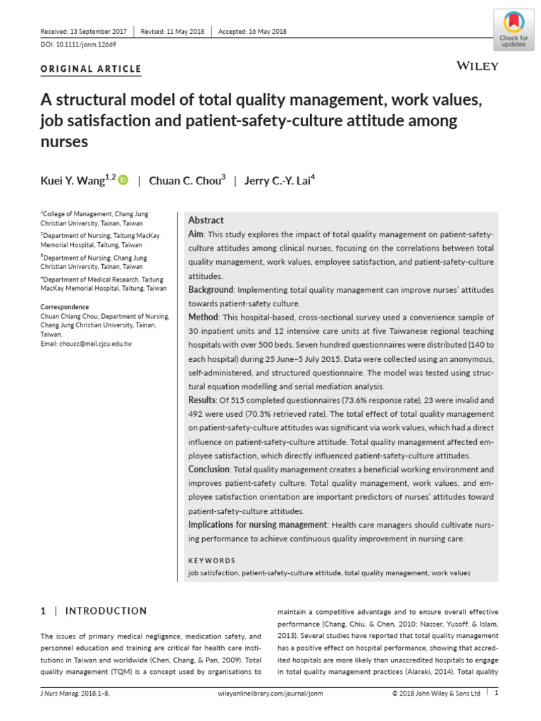 14. a Structural Model of Total Quality Management, Work Values, Job Satisfaction and Patient ...