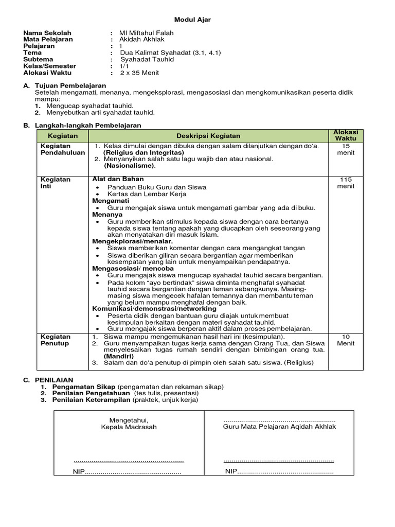 RPP Atau Modul Ajar. Aqidah Akhlak Kls 1 MI | PDF
