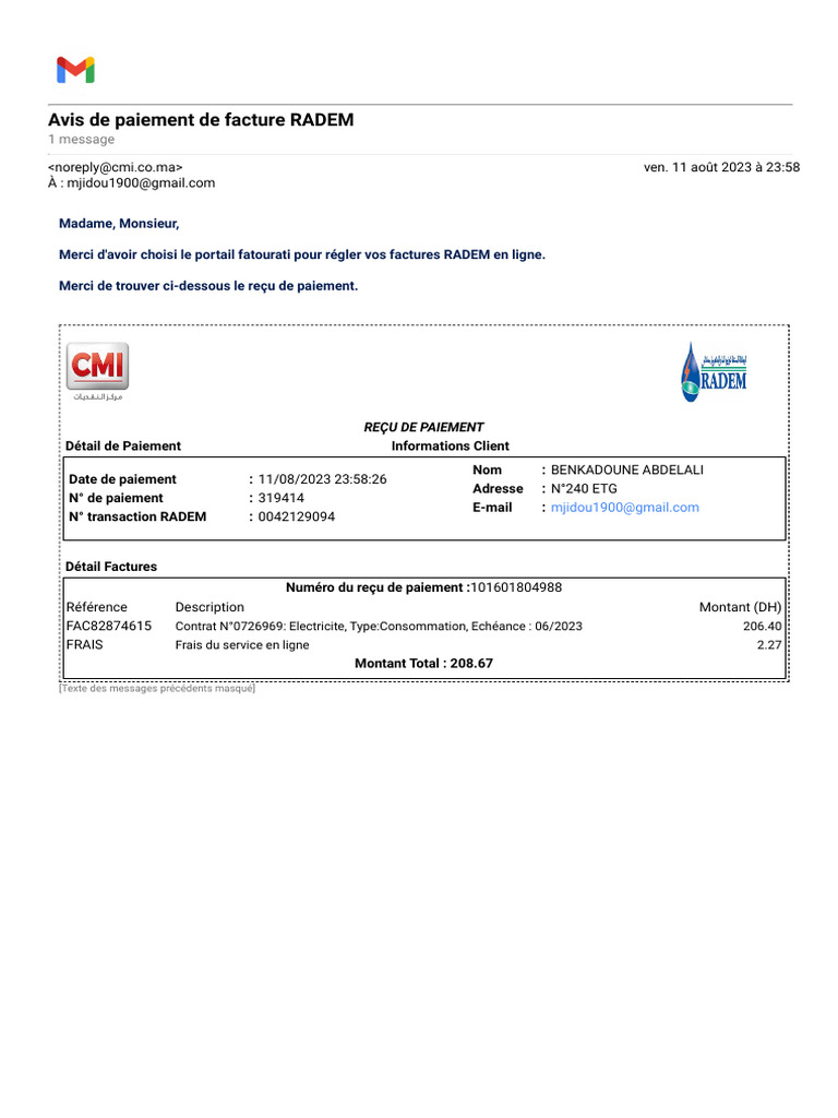 Avis de paiement facture RADEM | PDF