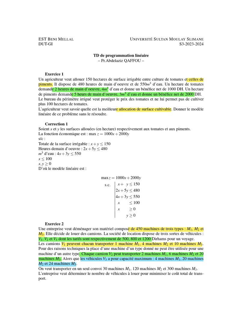 TD de Programmation Linã©aire | PDF | Optimisation linéaire | Algorithmes