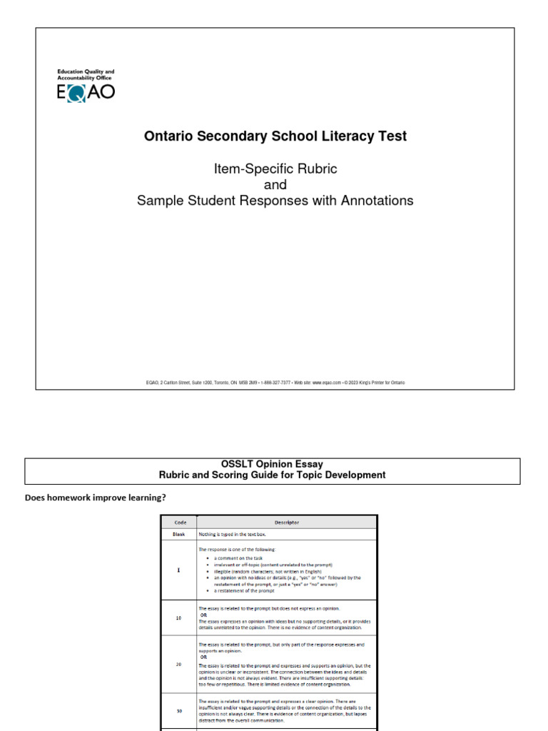 OSSLT Opinion Essay Rubric and Scoring Guide For Topic Development HW ...
