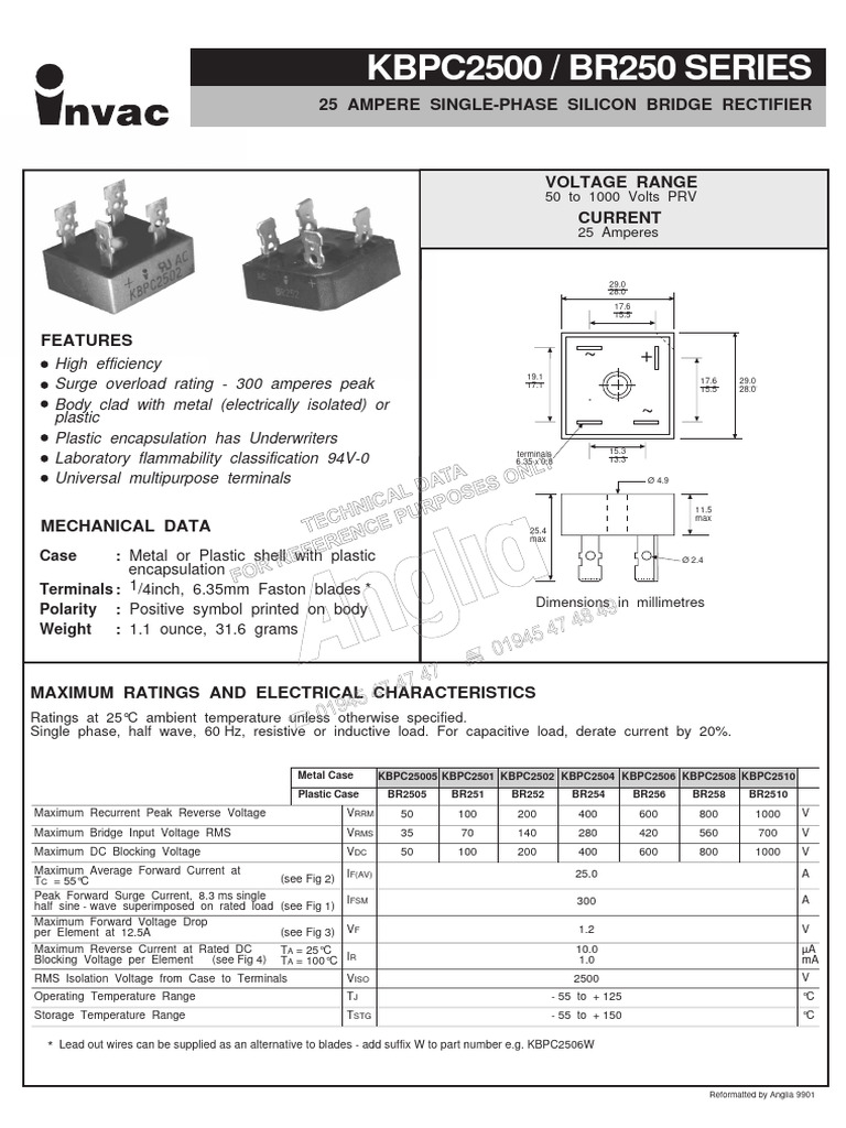 25A Single-Phase Bridge Rectifier Specs | PDF