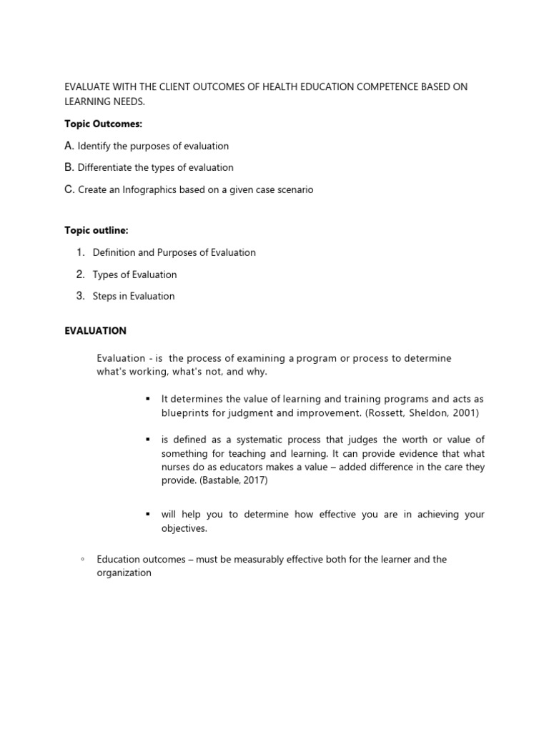 Evaluate With The Client Outcomes of Health Education Competence Based On Learning Needs | PDF ...