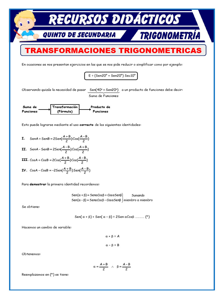 Ejercicios de Transformaciones Trigonométricas para Quinto de ...