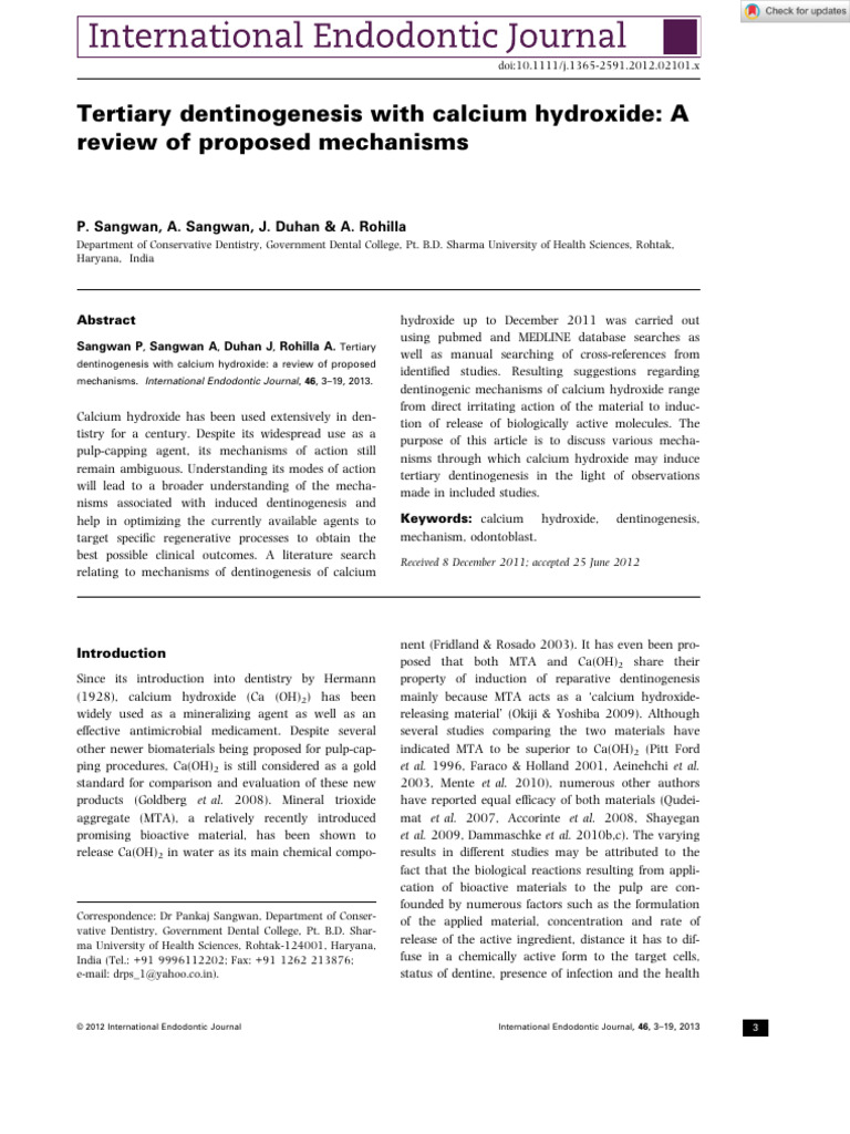 Int Endodontic J - 2012 - Sangwan - Tertiary Dentinogenesis With ...