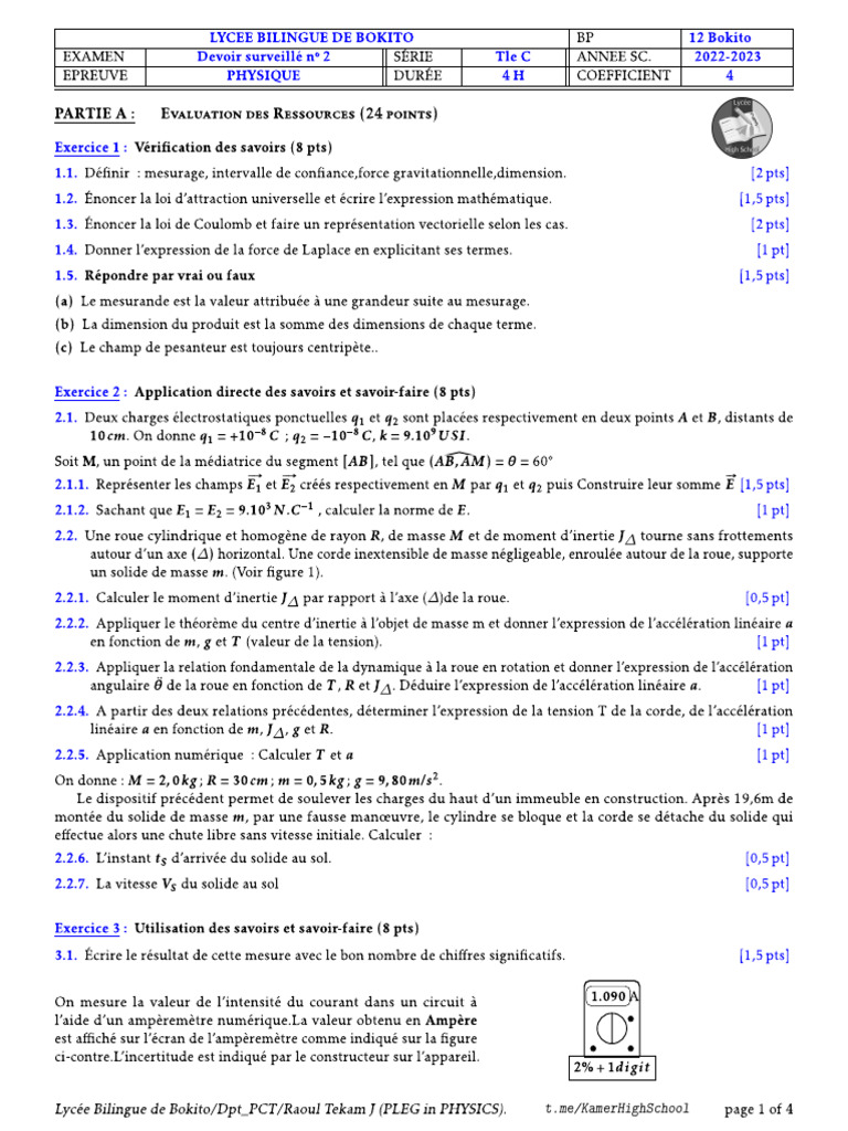 LycéeBBokito Physique TleC DS2 2022 | PDF