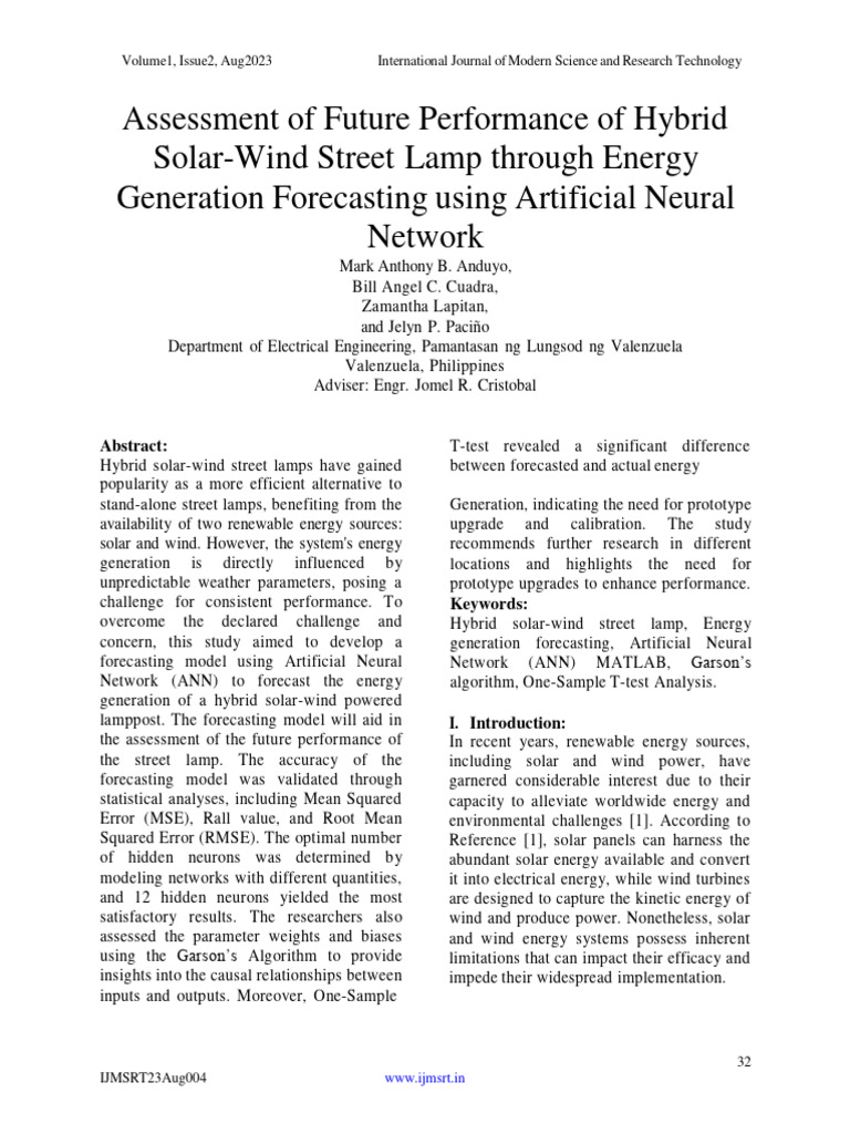 Assessment of Future Performance of Hybrid Solar-Wind Street Lamp Through Energy Generation ...