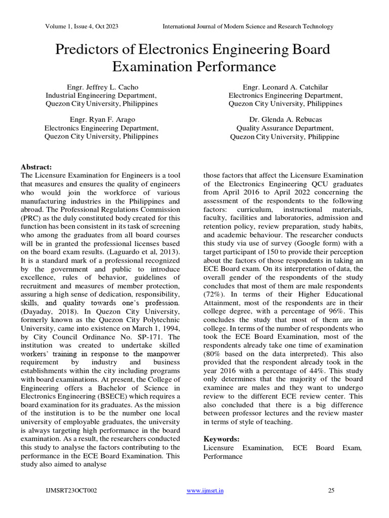Predictors of Electronics Engineering Board Examination Performance | PDF | Engineer ...