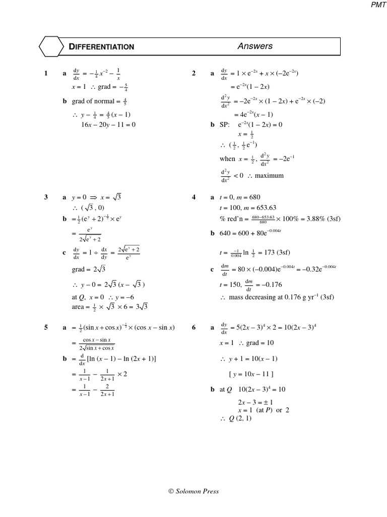 17b. Mixed Exam-Style Questions On Differentiation - Answers | PDF