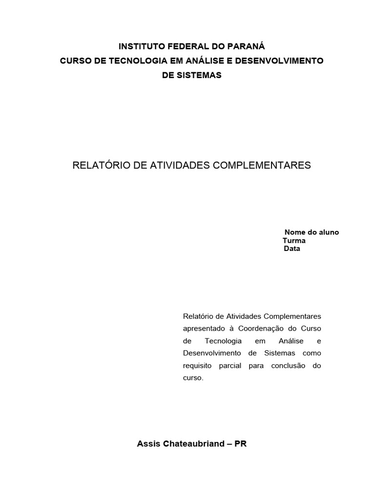 Relatorio de Atividades Complementares TADS Modelo | PDF | Carreira e Crescimento | Negócios