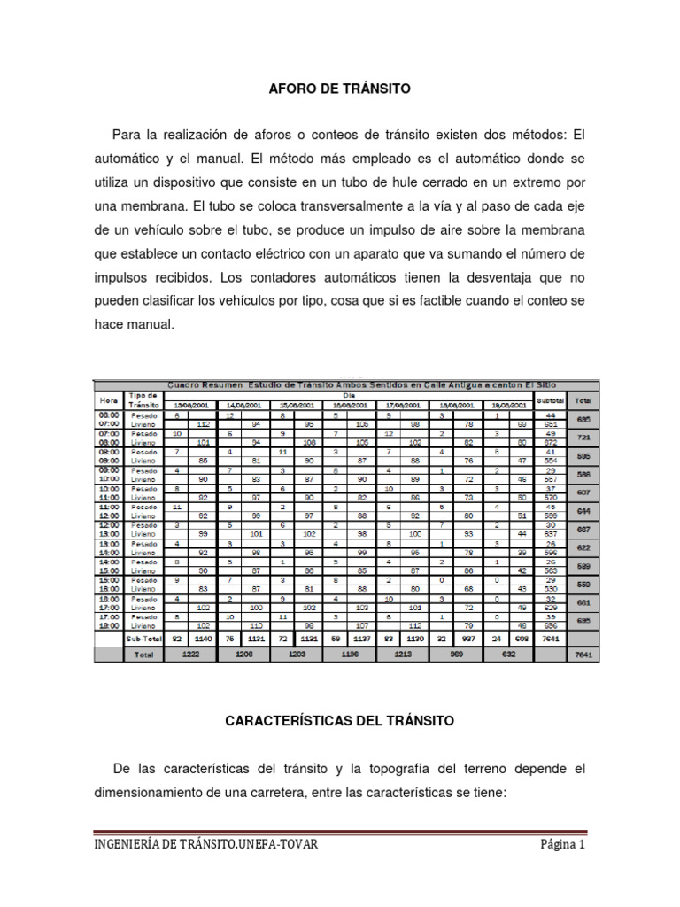 Métodos y Características del Aforo de Tránsito | PDF