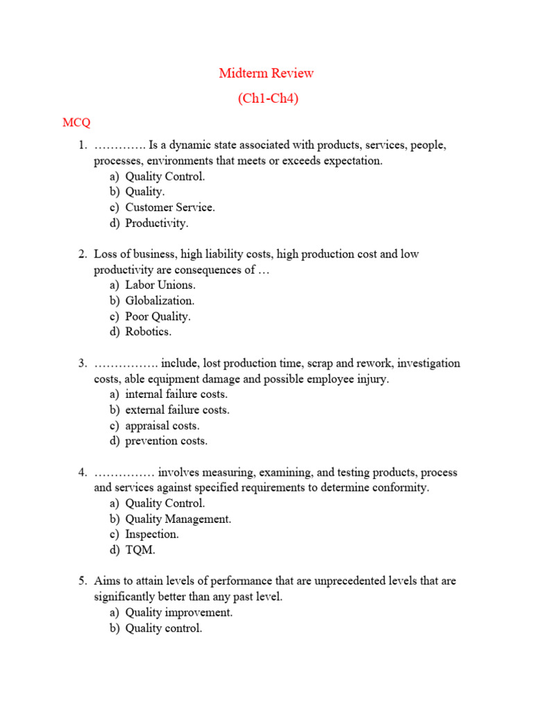 Midterm Review: Quality Management MCQs | PDF | Quality (Business ...