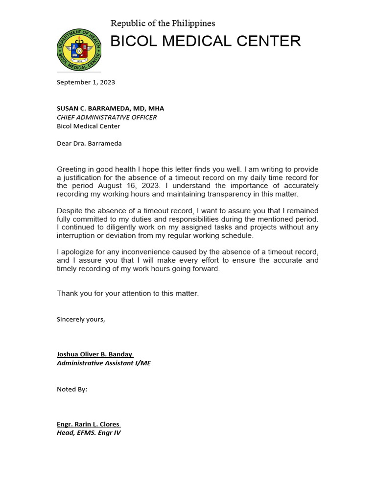 Justification Letter On No Timeout Record in DTR | PDF