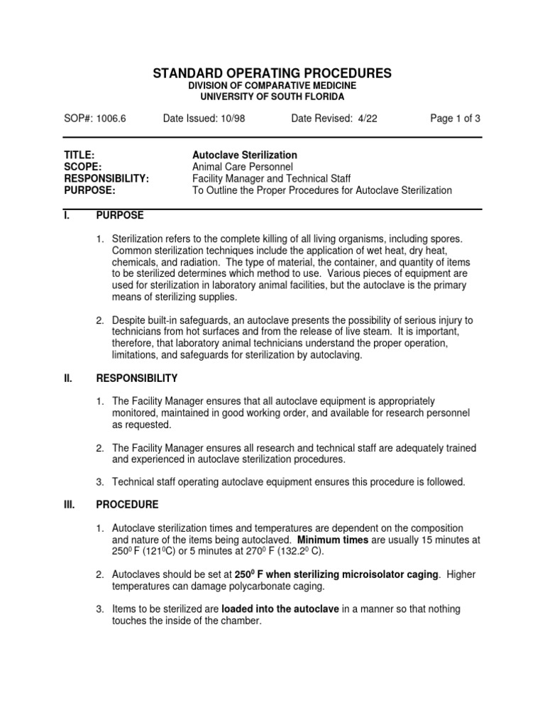 Autoclave Sterilization Procedures | PDF | Sterilization (Microbiology ...