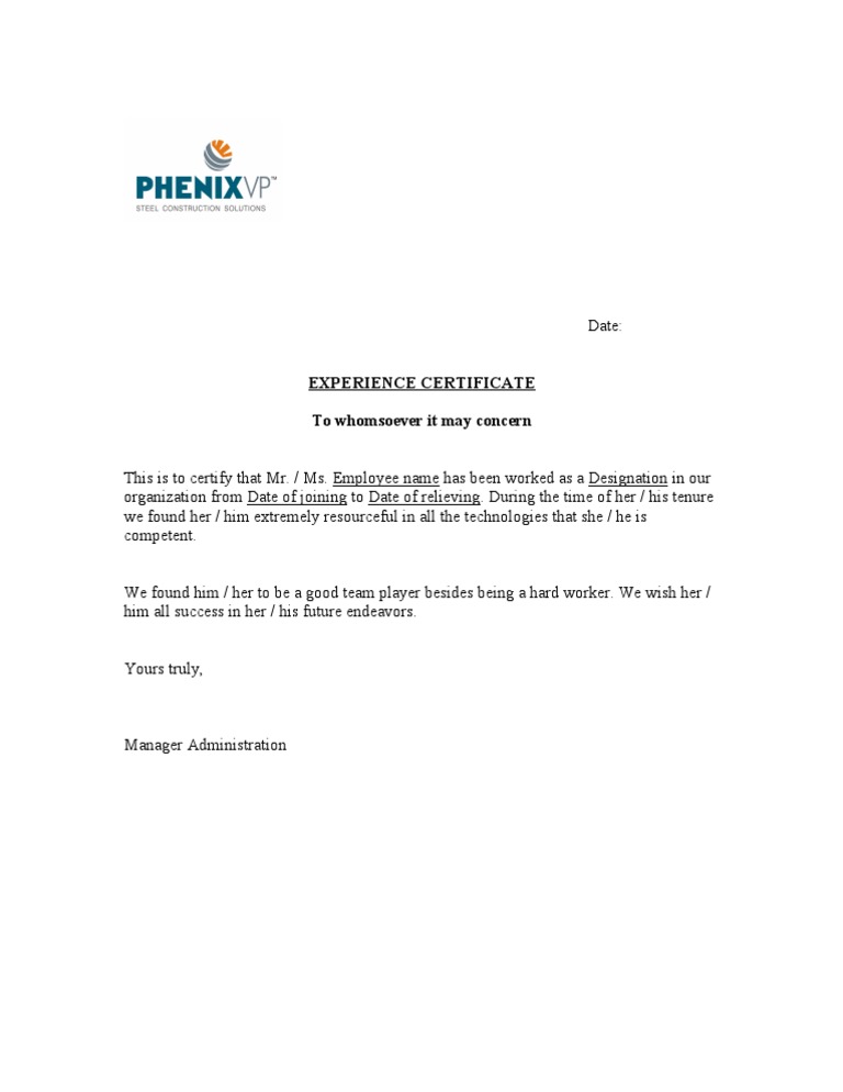 Experience Certificate Format | PDF