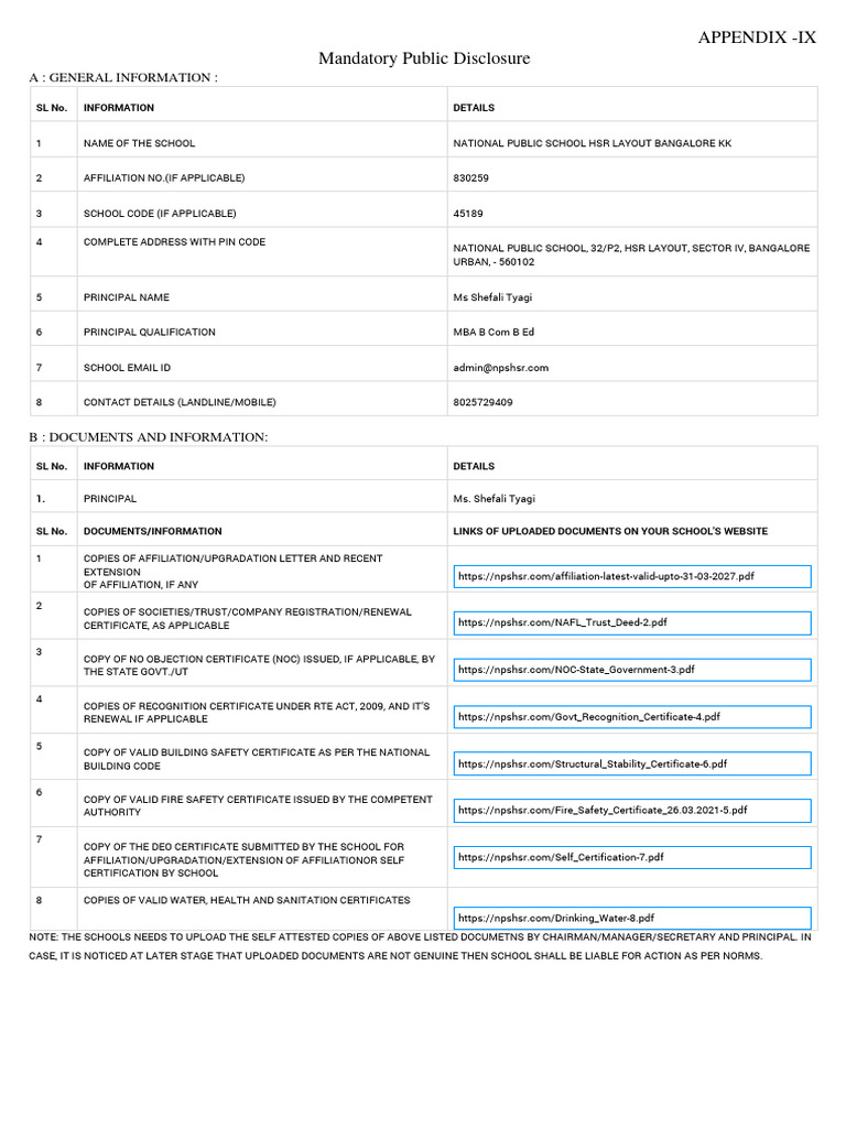 CBSE Mandatory Disclosure for NPS HSR Layout | PDF