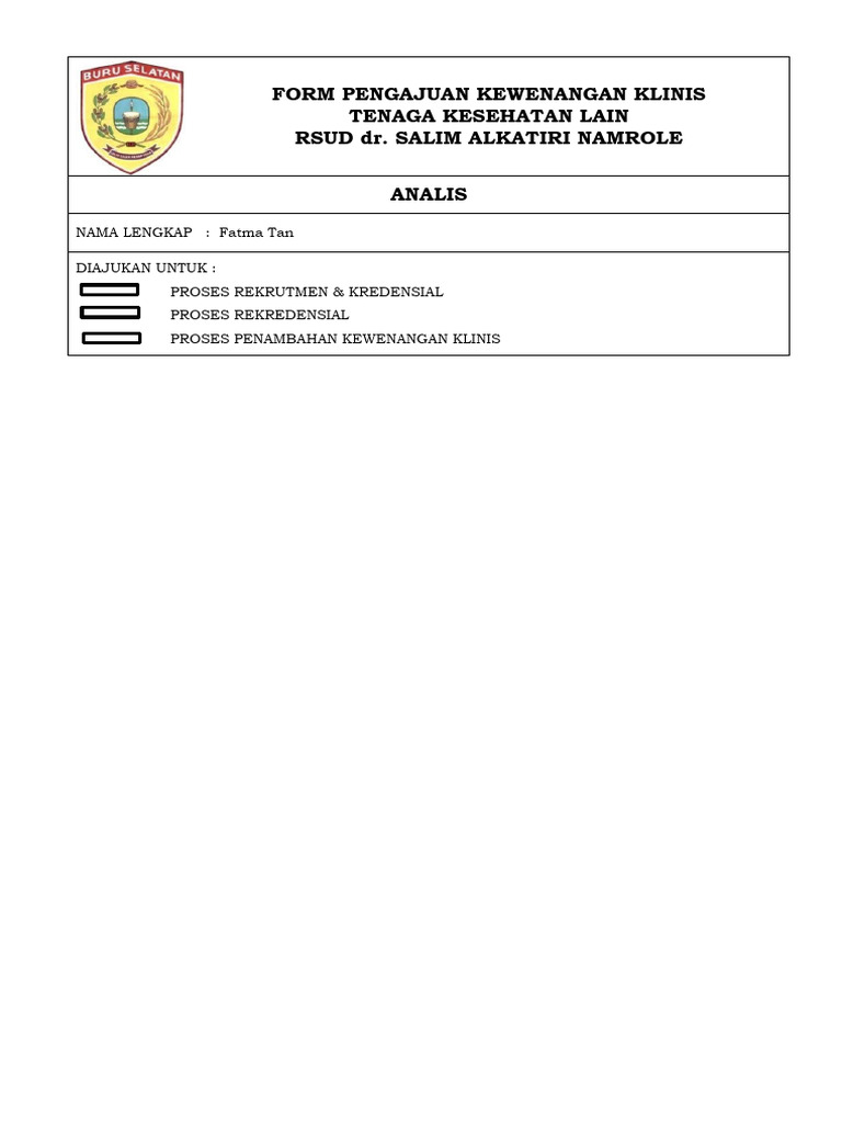 Form Pengajuan Kewenangan Klinis Analis | PDF