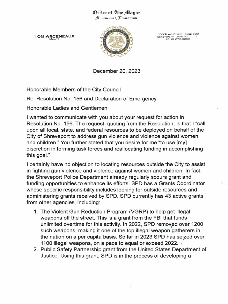 Shreveport Mayor Tom Arceneaux's statement against declaring a state of ...