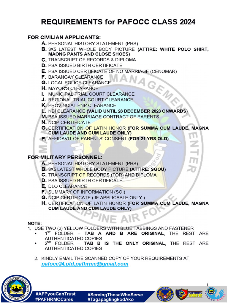 PAFOCC CLASS 2024 Requirements As of 30 Aug 2023 2 | PDF