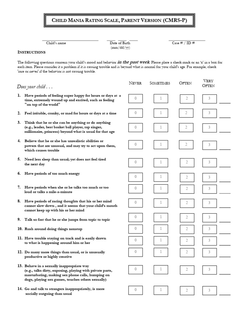 Child Mania Rating Scale, Parent Version (CMRS-P) | PDF