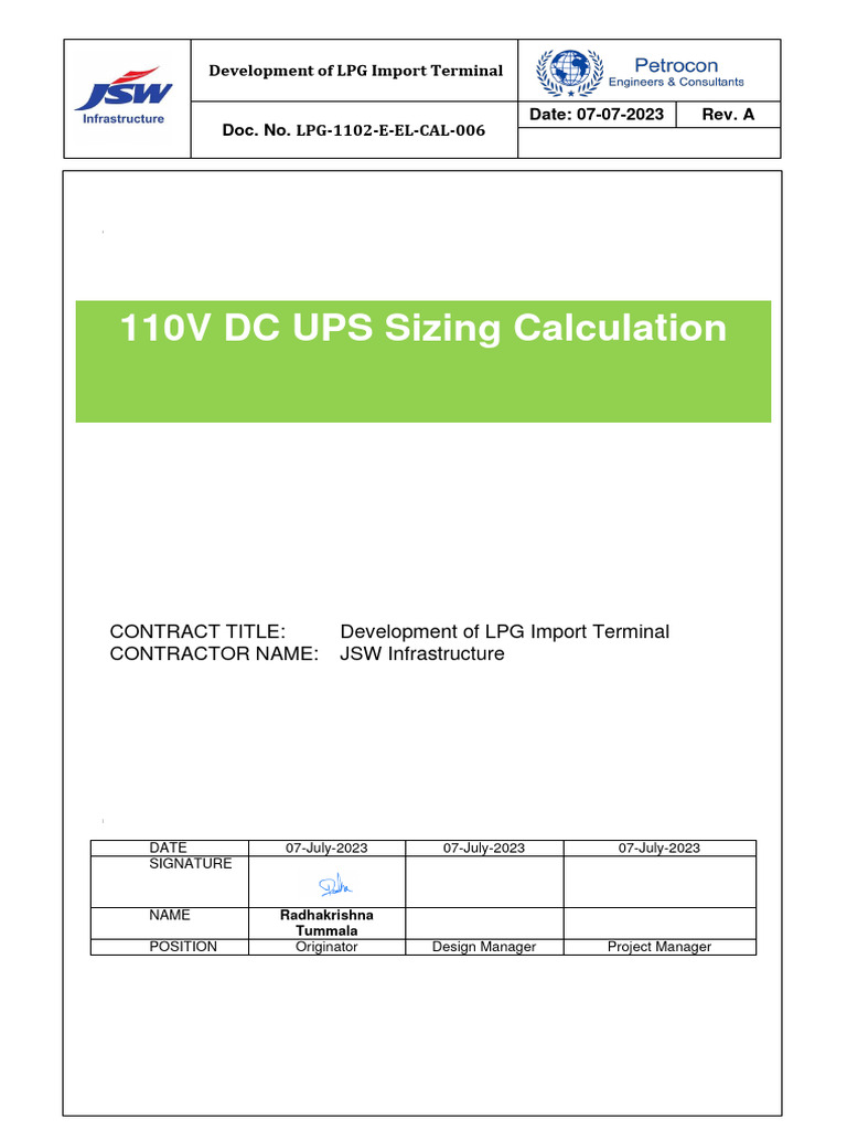 LPG-1102-E-EL-CAl-006 - 110V DC UPS Sizing - A | PDF | Power Supply ...