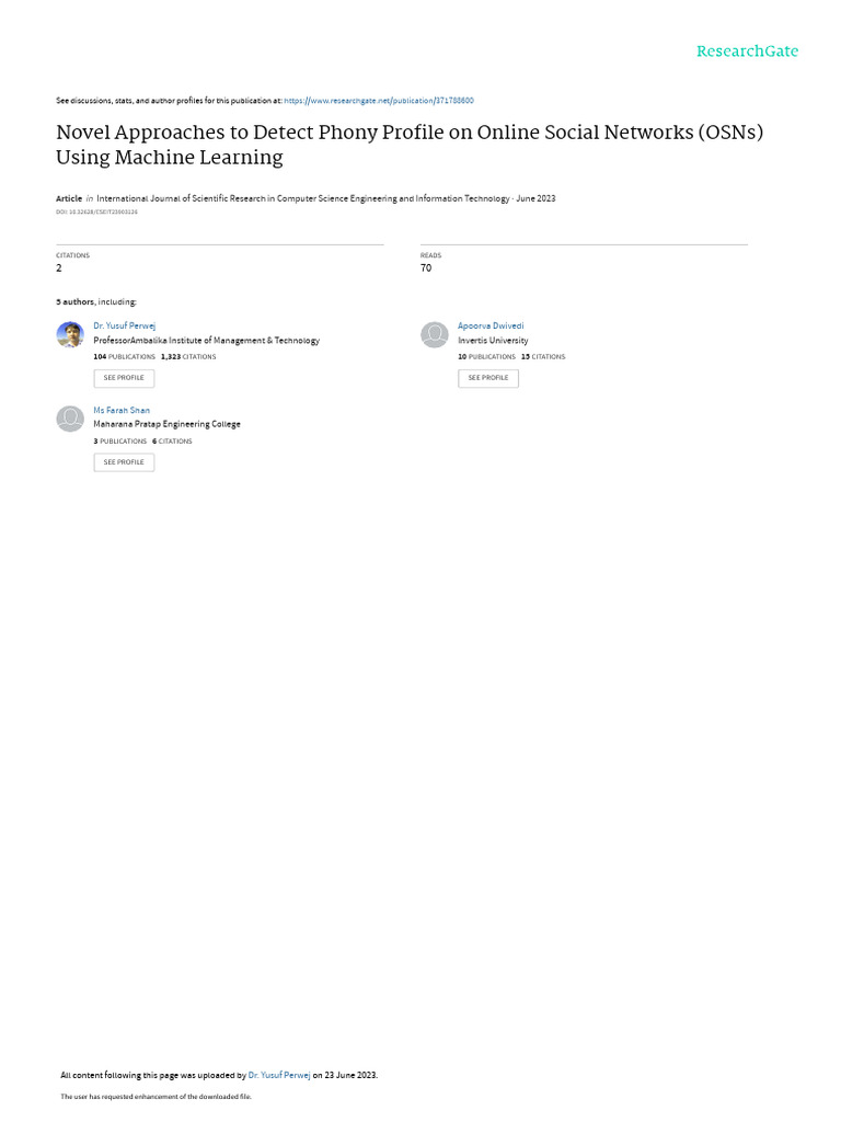 Novel Approachesto Detect Phony Profileon Online Social Networks OSNs Using Machine Learning ...