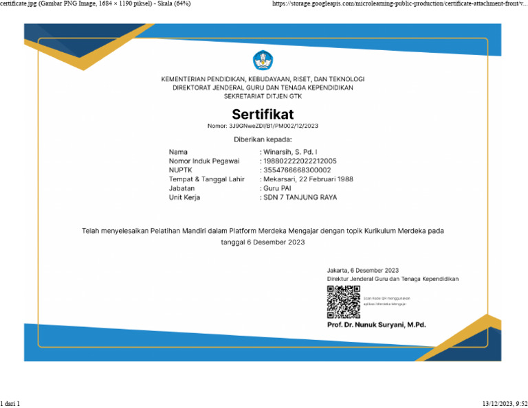 Sertifikat Winarsih Depan | PDF | Games & Activities | Computers