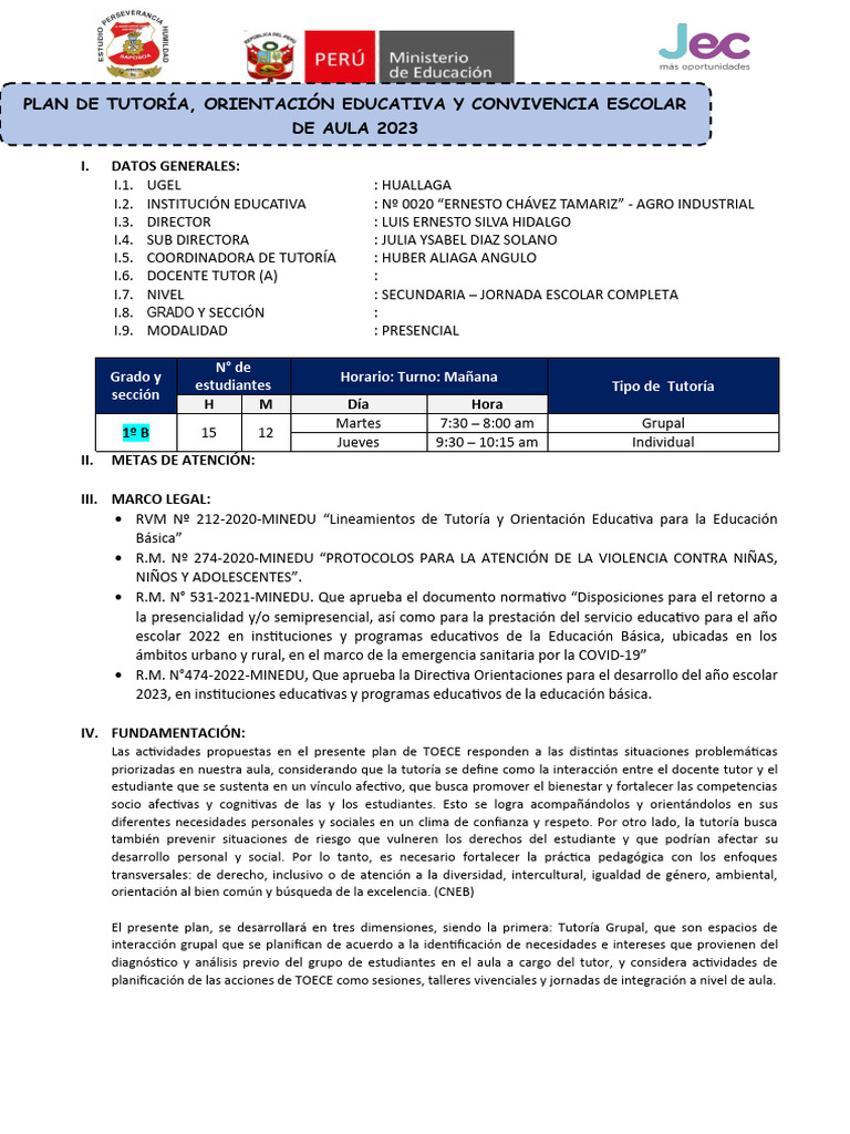 02 Plan Tutorial de Aula 2023 | PDF | Salón de clases | Evaluación