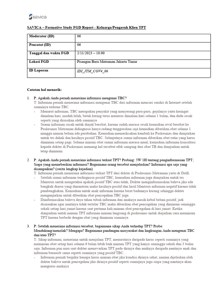 Format Summary FGD Keluarga - Pengasuh Klien TPT | PDF