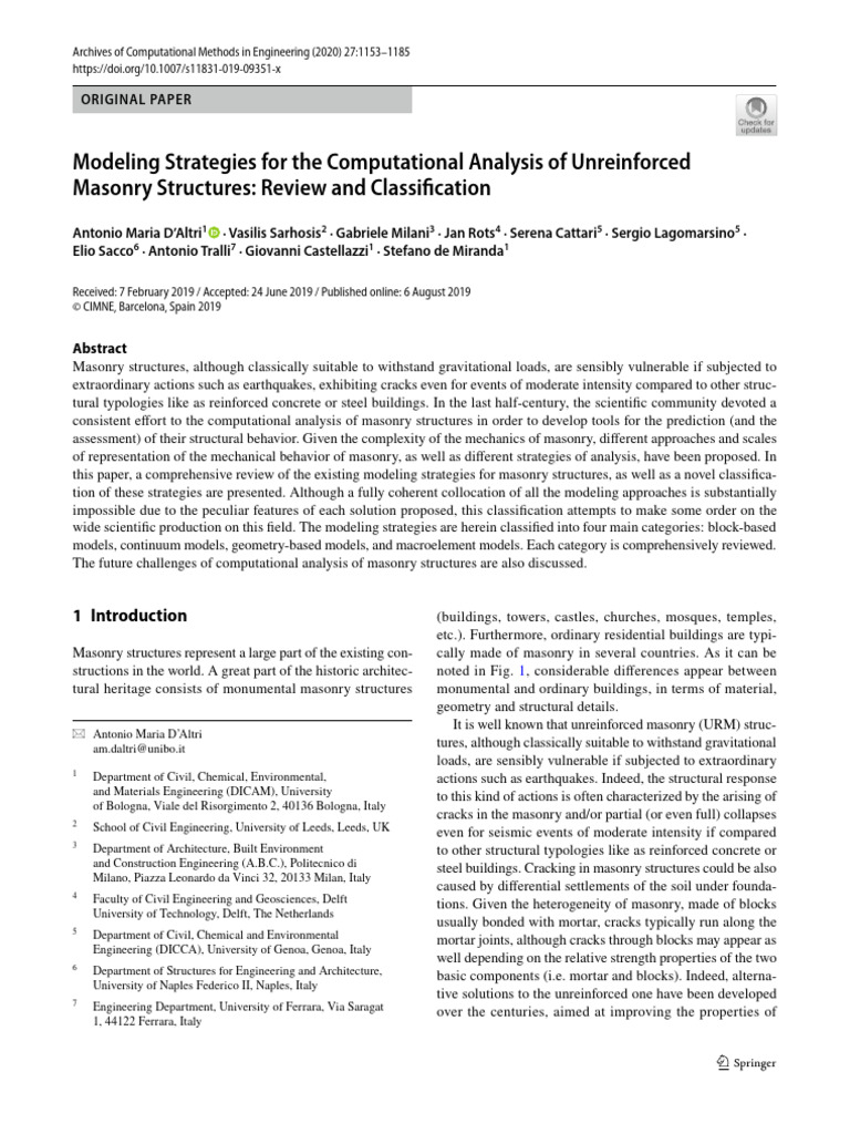 D. M. D - Altri Et Al., 2020. Modeling Strategies For The Computational Analysis of Unreinforced ...