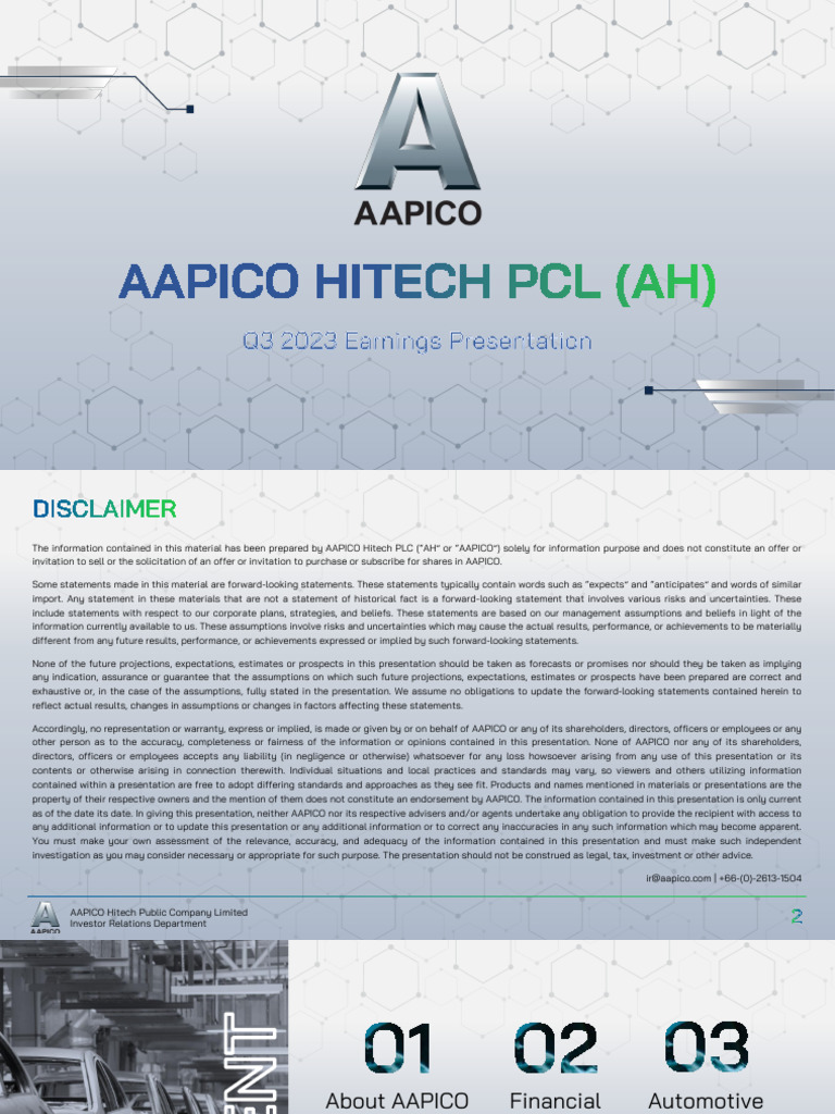 Aapico Hitech PCL (Ah) : Q3 2023 Earnings Presentation | PDF | Information | Corporations