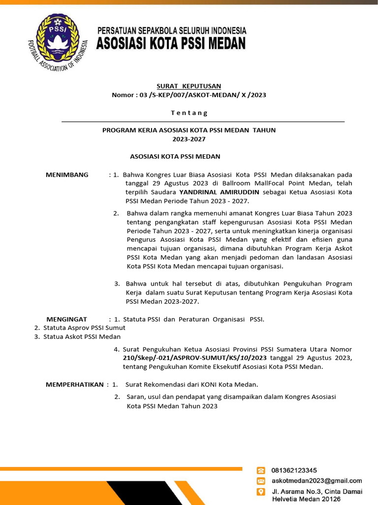 Skep Program Kerja PSSI ASKOT MEDAN 2023 | PDF