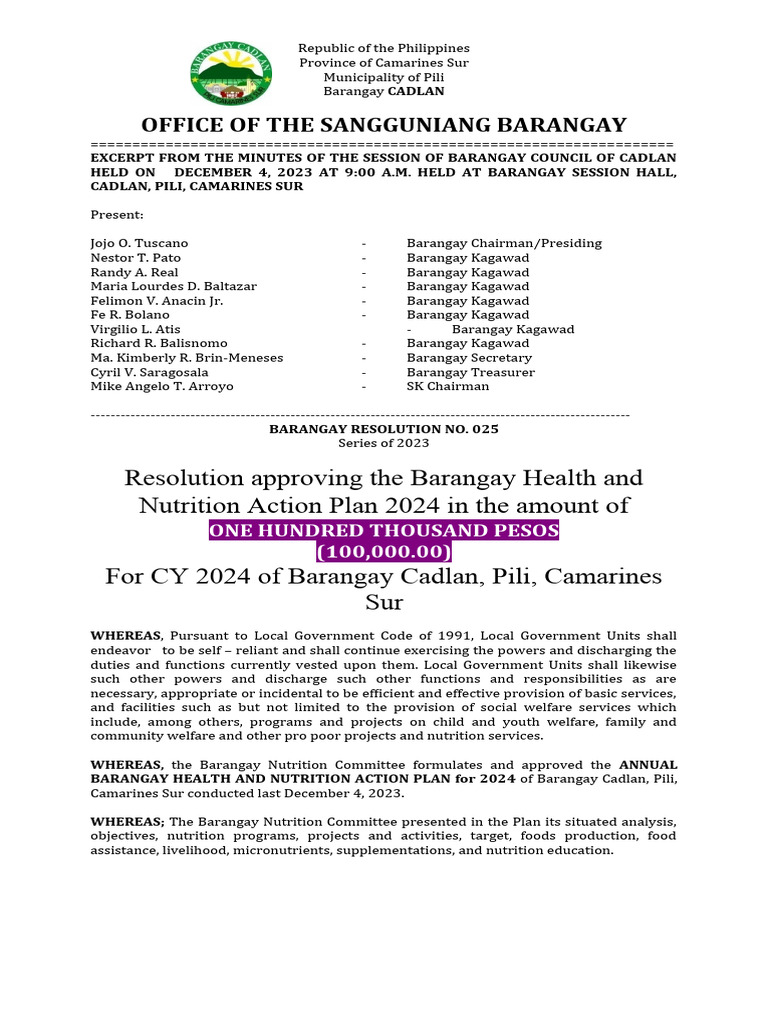 RESOLUTION NO. 025 - BNC 2024 | PDF | Dietary Supplements | Malnutrition