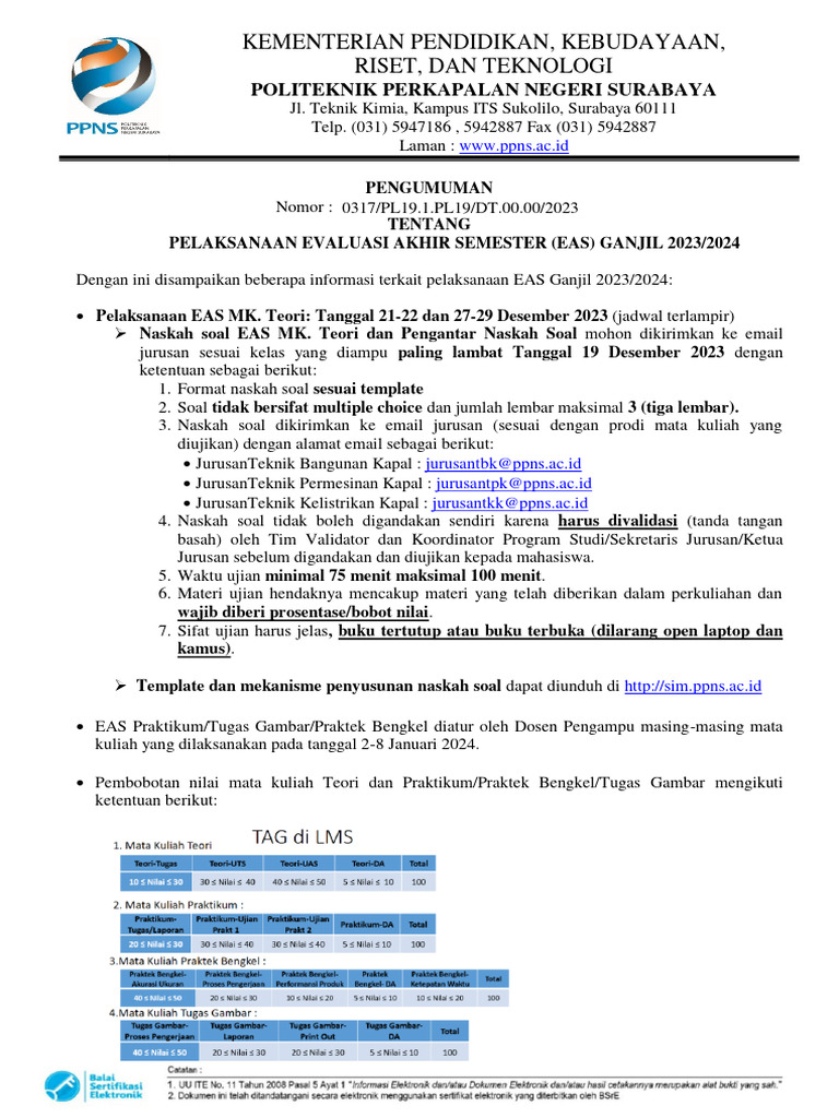 Jadwal Eas Ganjil 2023-2024-Per Penguji | PDF