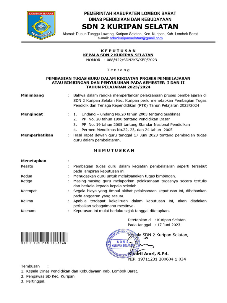 SK Pembagian Tugas Pegawai 2023-2024 | PDF