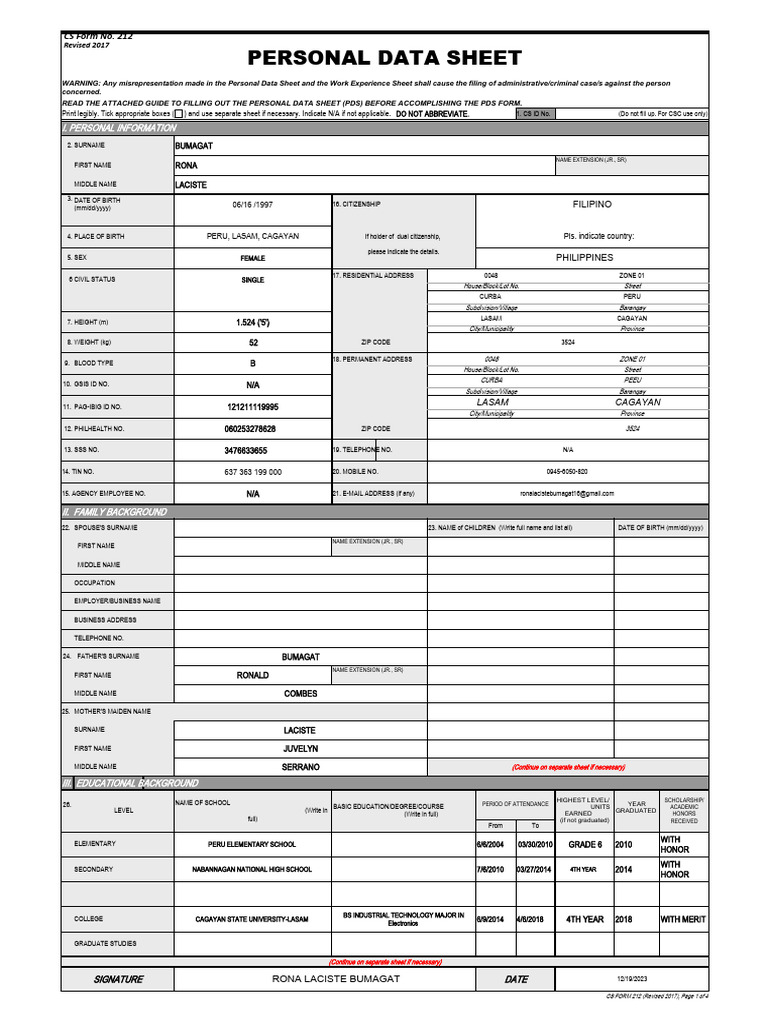 CS Form No. 212 Personal Data Sheet Revised | PDF | Government | Justice