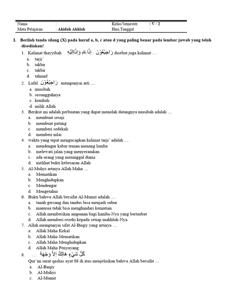 Soal Akidah Akhlak Kelas 5 | PDF