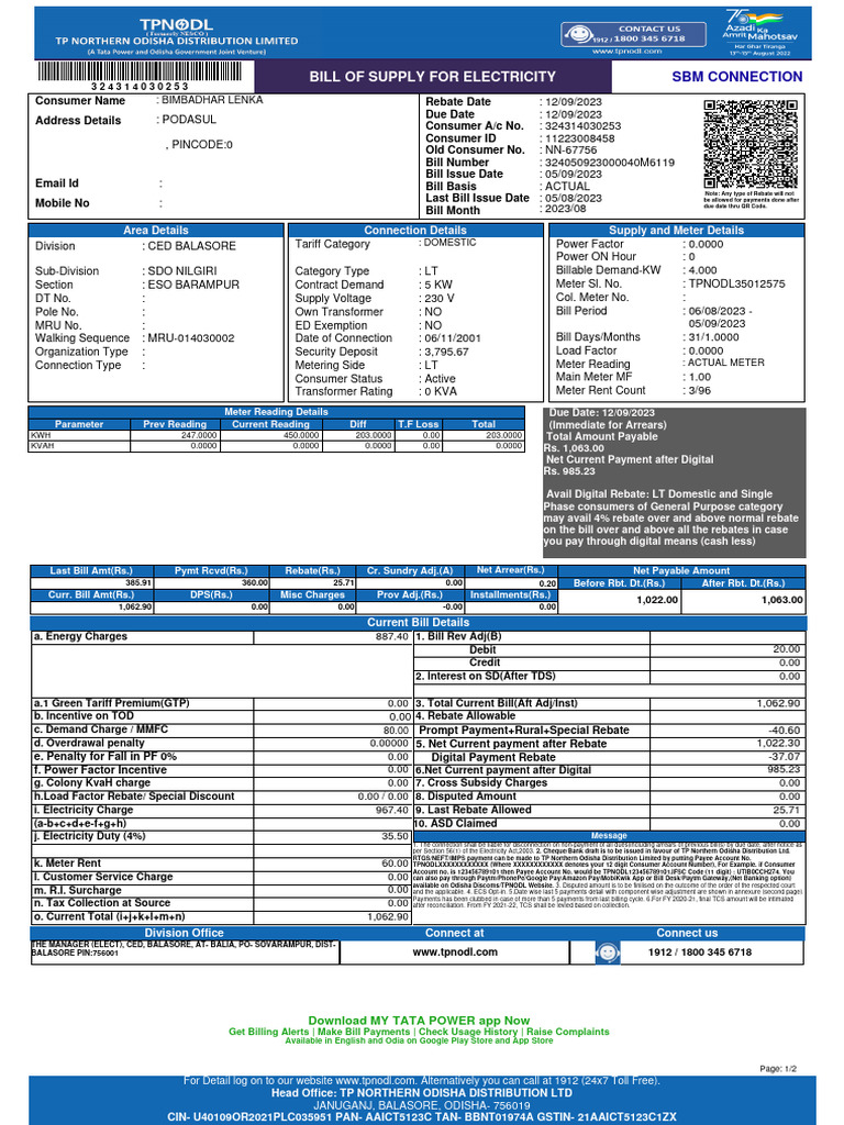 Odisha Electricity Bill Summary | PDF | Payments | Services (Economics)