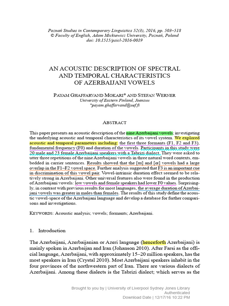 Azerbaijani Vowel Acoustics Study | PDF | Vowel | Stress (Linguistics)