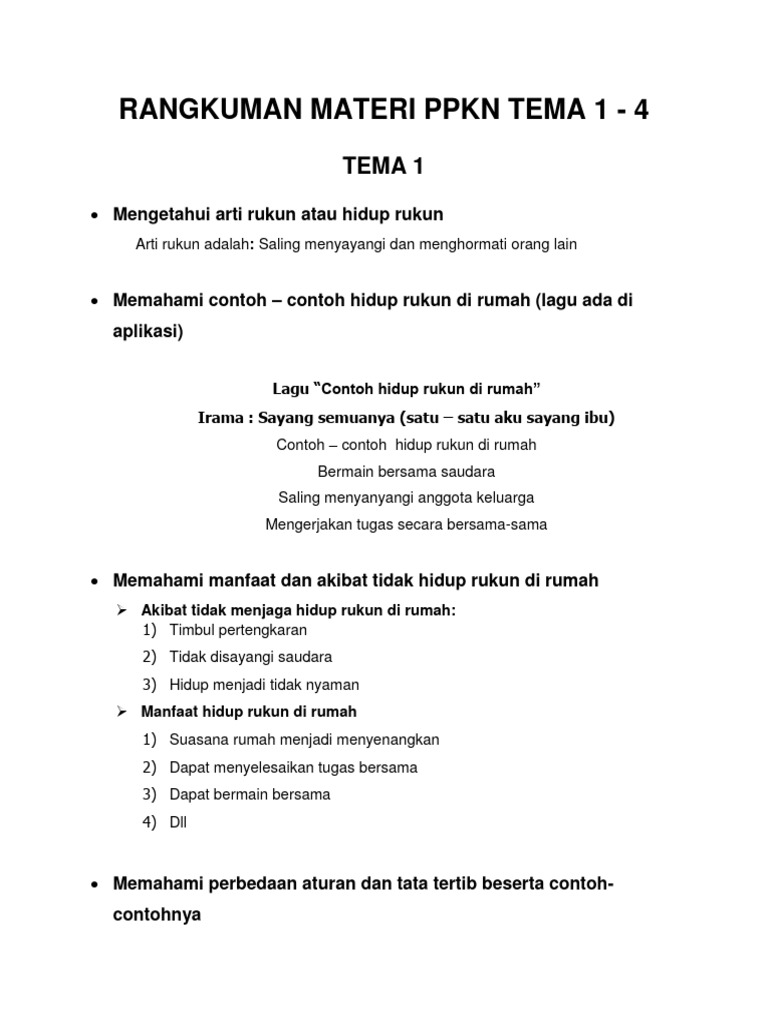 RANGKUMAN MATERI PPKN TEMA 1-4 | PDF
