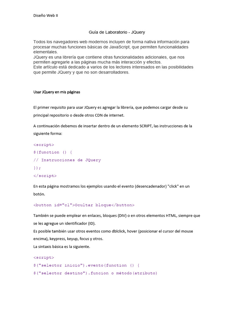 Guía de Laboratorio JQuery | PDF | J Query | HTML