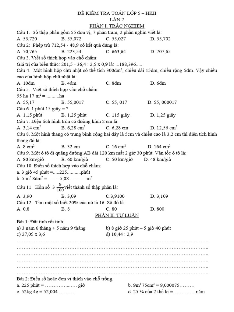 lần 2 - toán HKII | PDF