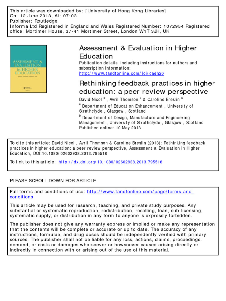 Assessment & Evaluation in Higher Education | PDF | Focus Group | Peer ...