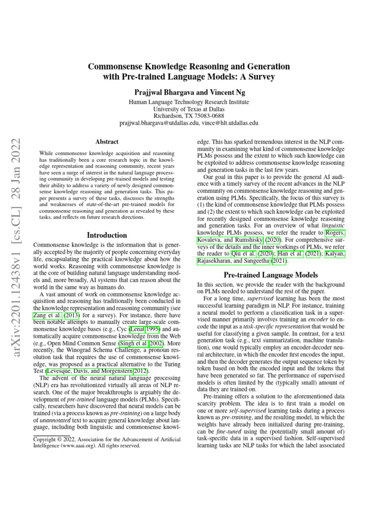 Commonsense Knowledge Reasoning and Generation With Pre-Trained Language Models - A Survey | PDF