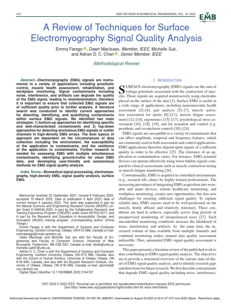 A Review of Techniques For Surface Electromyography Signal Quality Analysis | PDF | Science ...