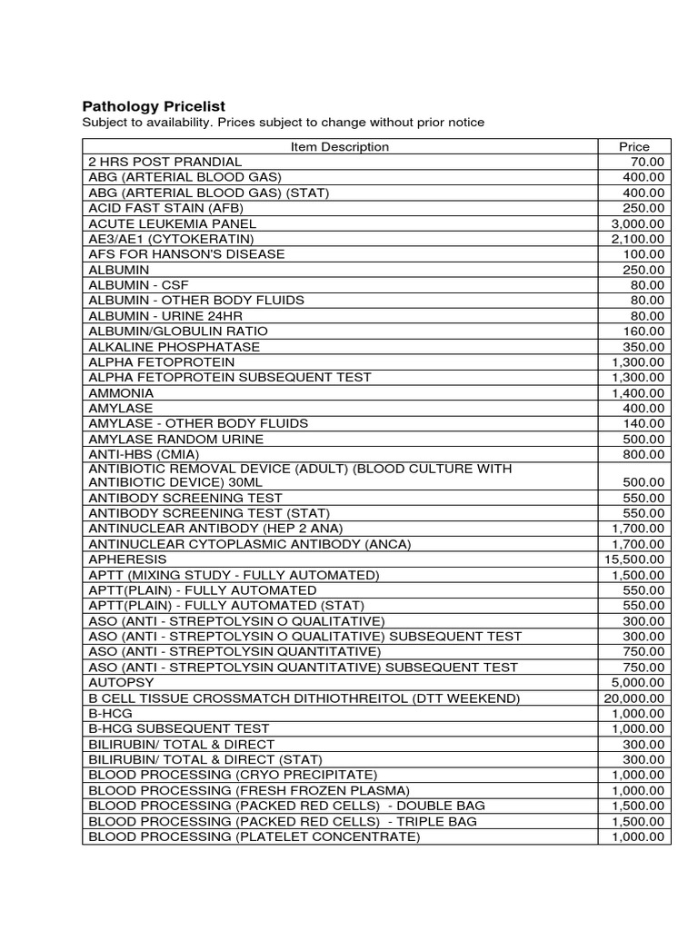 Pathology Test Price List 2023 | PDF | Blood Type | Lactate Dehydrogenase