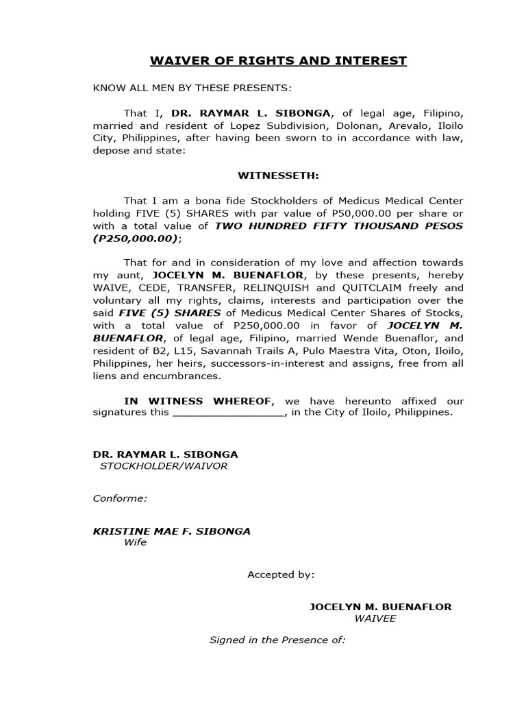 Waiver of Rights and Interest-Shares of Stock | PDF | Private Law ...