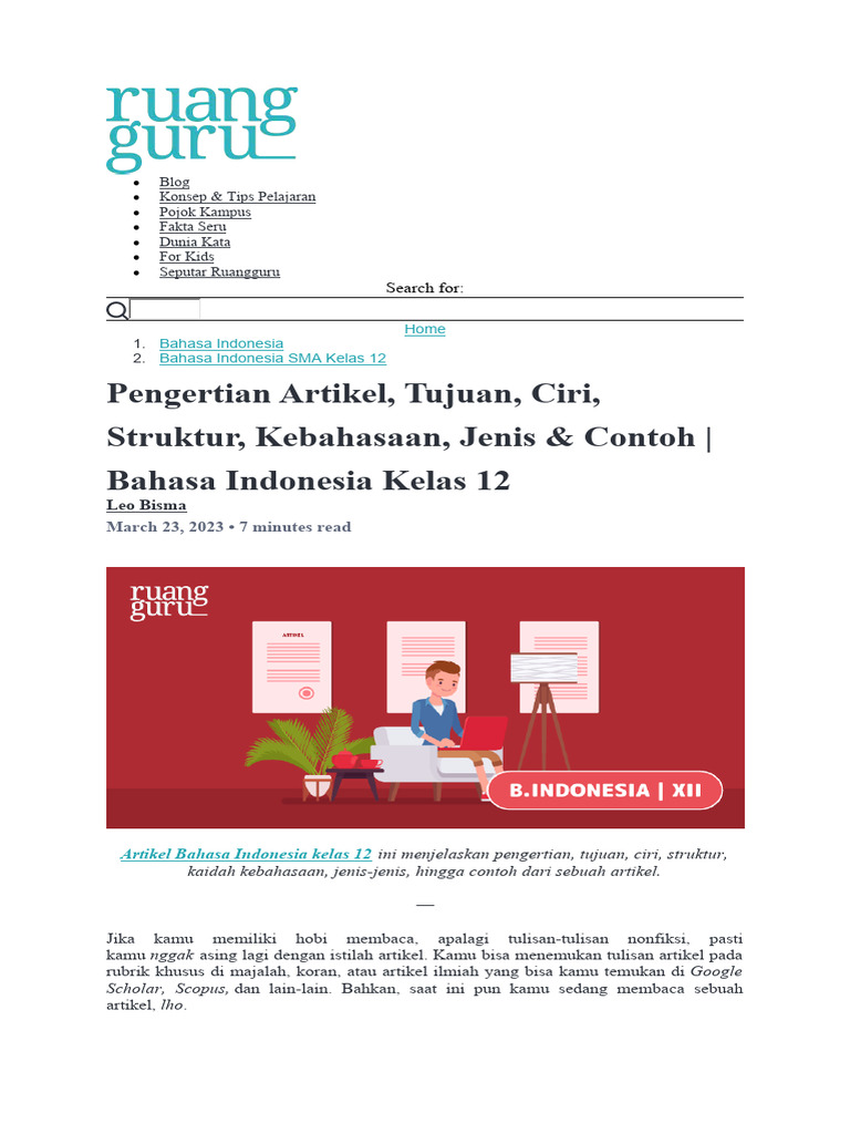 Pengertian Artikel, Tujuan, Ciri, Struktur, Kebahasaan, Jenis & Contoh - Bahasa Indonesia Kelas ...